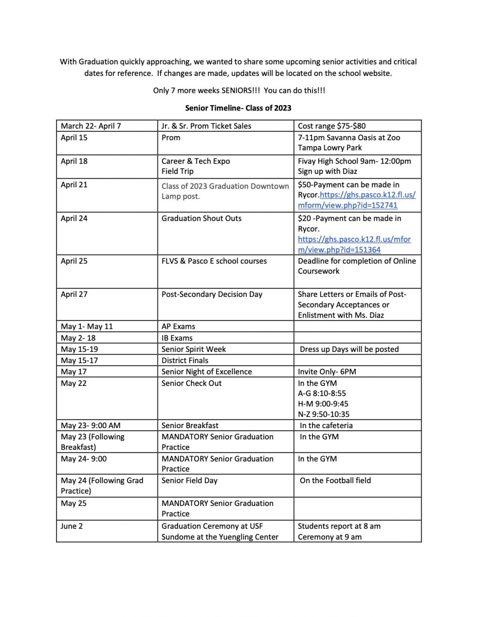 Senior Timeline (April 2023) | Gulf High School
