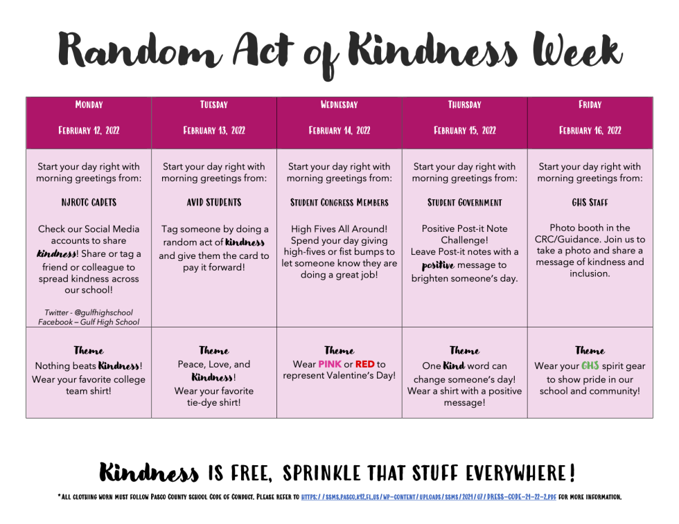 Random Act of Kindness Week, Feb. 12th-16th | Gulf High School